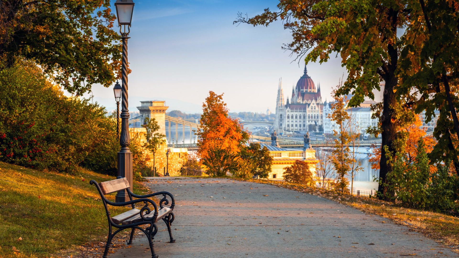 Budapest, Hungary - Romantic sunrise scene at Buda district with bench ...